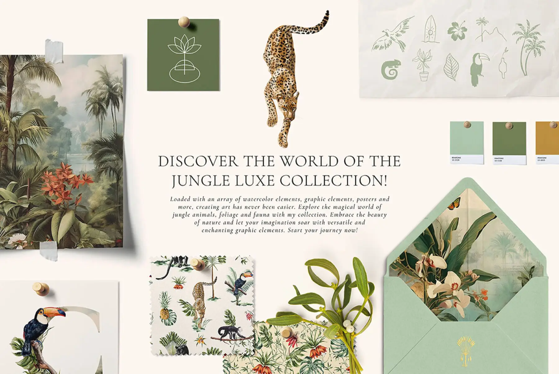 Jungle Luxe Watercolor Tropical Collection Graphics - YouWorkForThem
