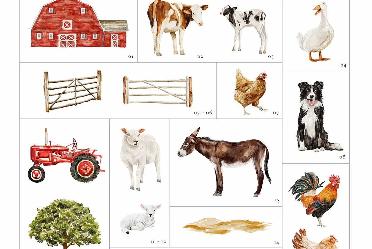 Farm Life Animals Watercolor Collection Graphics - YouWorkForThem