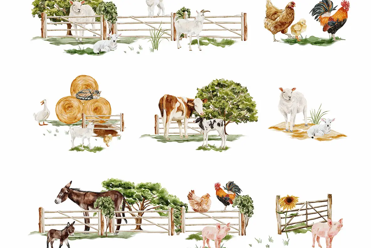 Farm Life Animals Watercolor Collection Graphics - YouWorkForThem