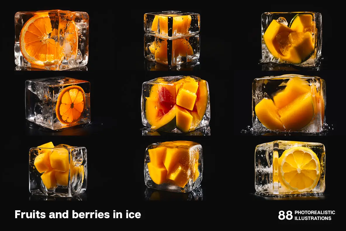 Fruits and berries in ice Graphics - YouWorkForThem
