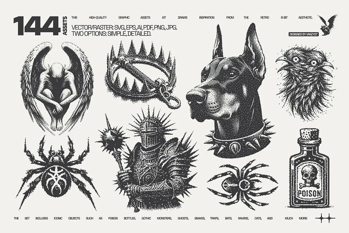 144 Dark Pixel Graphic Pack Graphics - YouWorkForThem