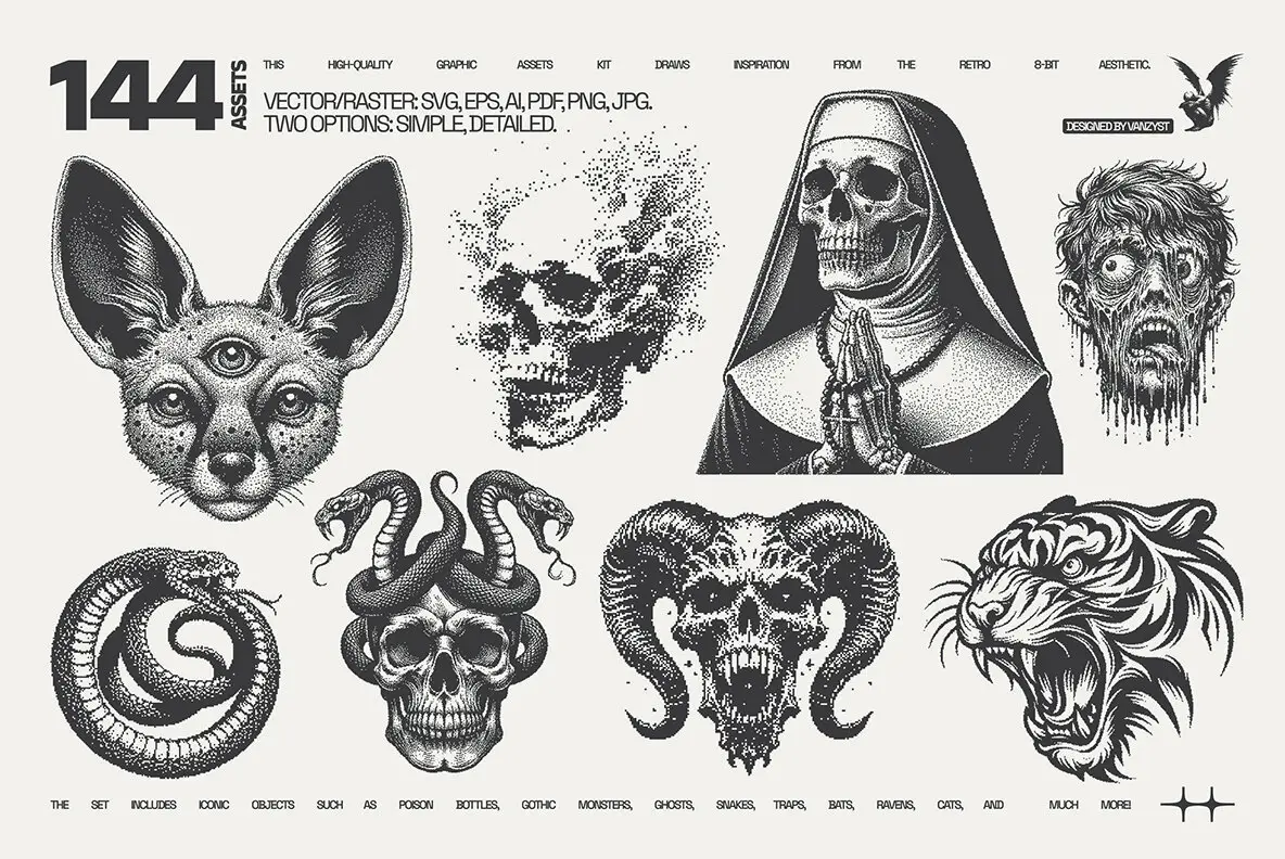 144 Dark Pixel Graphic Pack Illustrations - YouWorkForThem