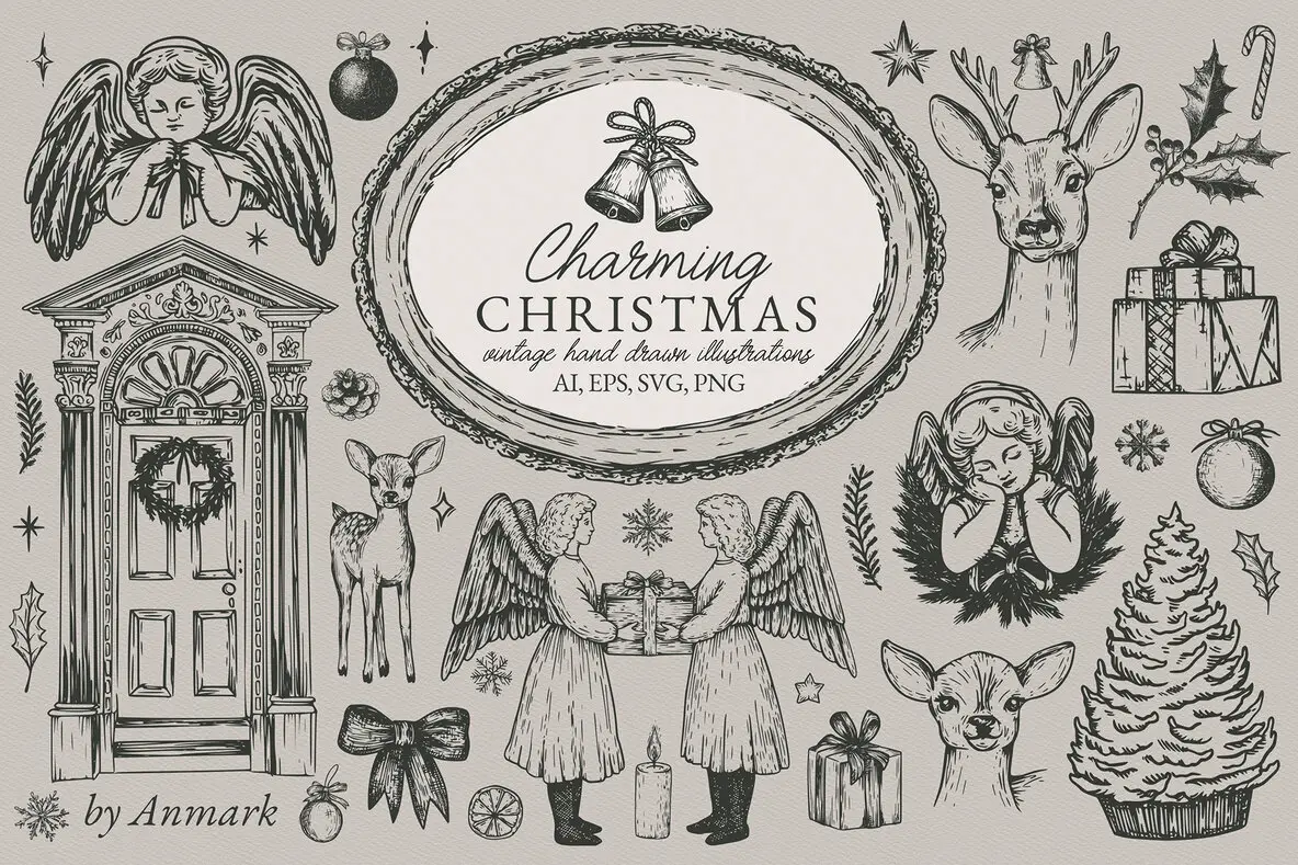 Vintage Charming Christmas Line Art Illustrations - YouWorkForThem