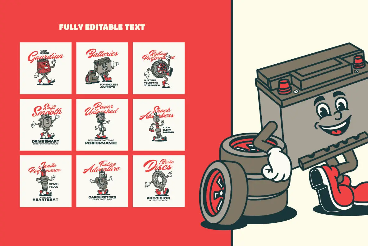 Retro Spare Part Character Illustration Illustrations - YouWorkForThem