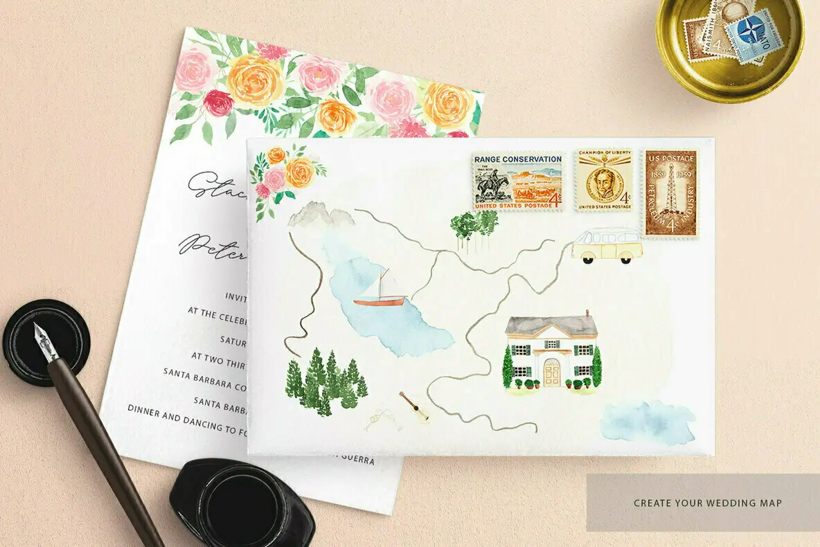 Watercolour Wedding Map Creator Kit Graphics - YouWorkForThem