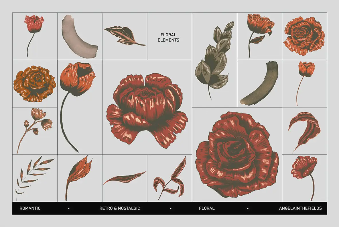 Dark Demure Floral Illustration Set Graphics - YouWorkForThem