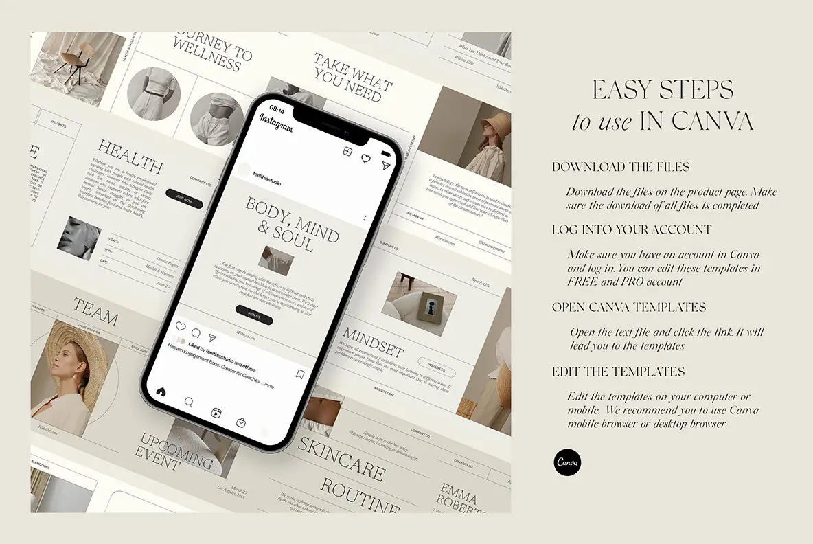 Wellness Instagram Social Media Pack Canva PS Instagram - YouWorkForThem