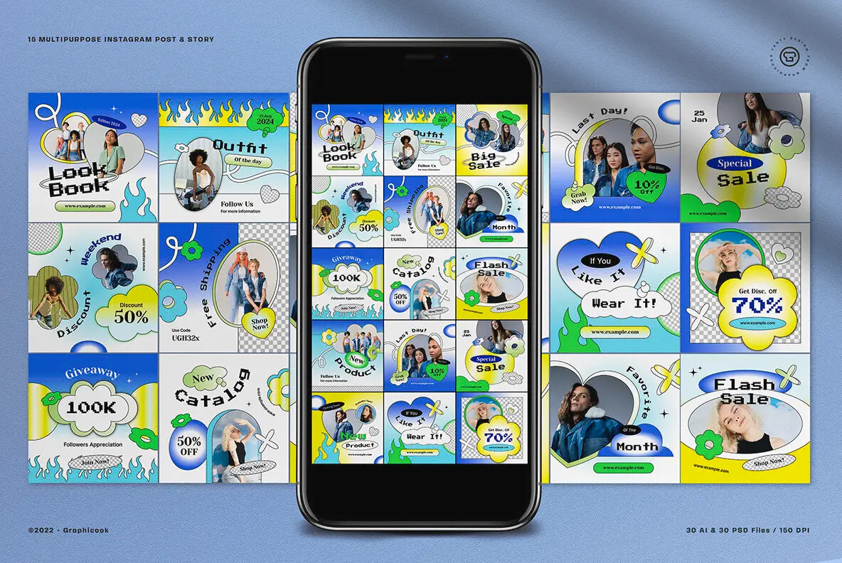 Blue Y2K Aesthetic Fashion Instagram Pack Graphics - YouWorkForThem