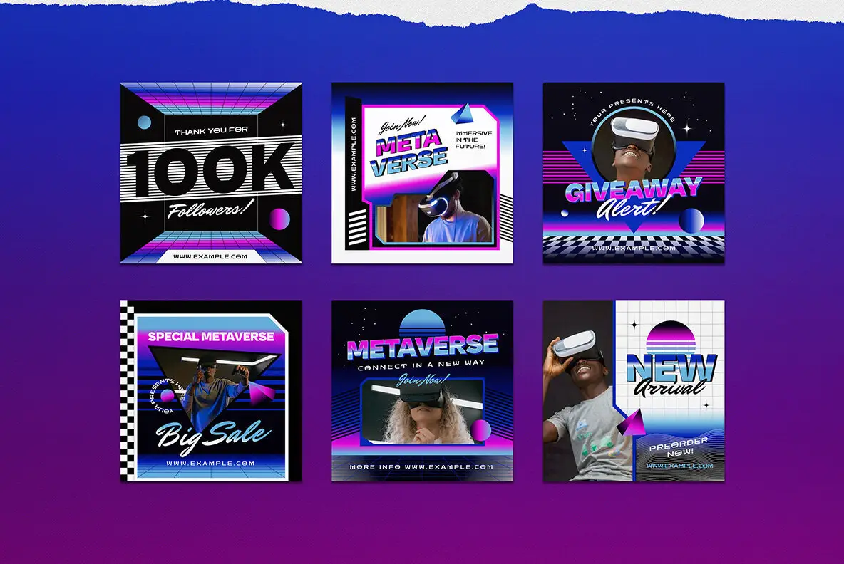 Purple Blue Gradient 80s Metaverse Instagram Pack Graphics - YouWorkForThem