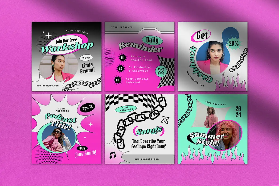 Cyan Pink Y2K Grunge Engagement Instagram Pack Graphics - YouWorkForThem