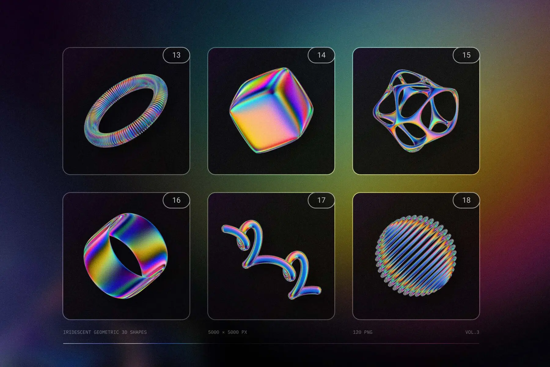 120 Iridescent geometric 3D shapes pack Vol.3 3D - YouWorkForThem