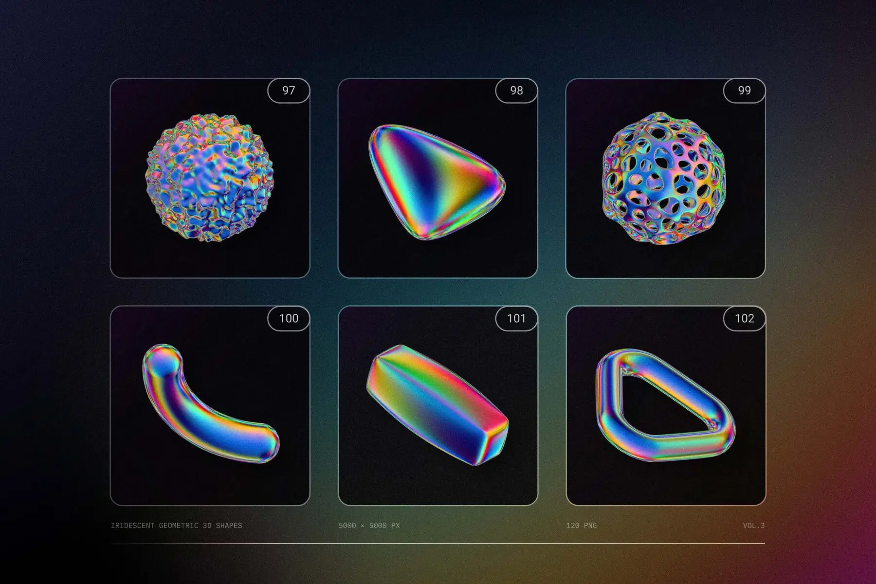 120 Iridescent geometric 3D shapes pack Vol.3 3D - YouWorkForThem