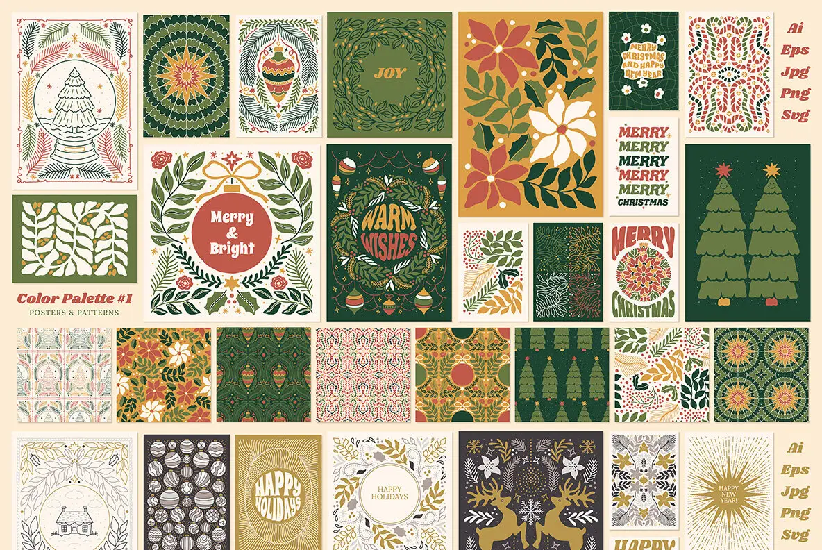 Christmas Posters Patterns Bundle Illustrations - YouWorkForThem