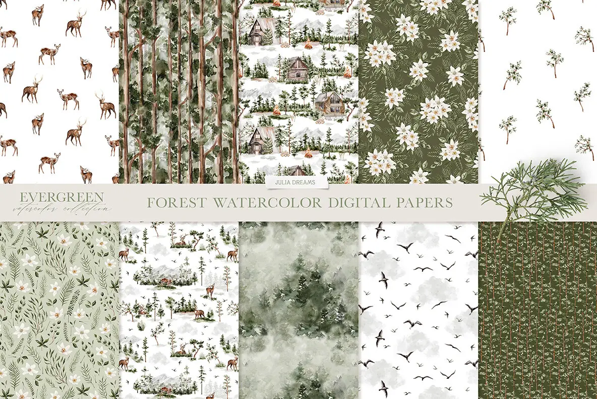 Evergreen Watercolor Forest Collection Illustrations - YouWorkForThem