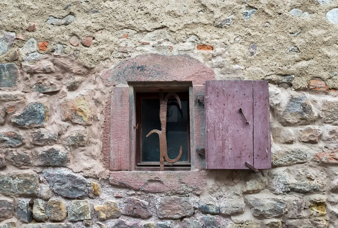 French Window With Closed Old Medieval Wooden Shutters In The Village ...