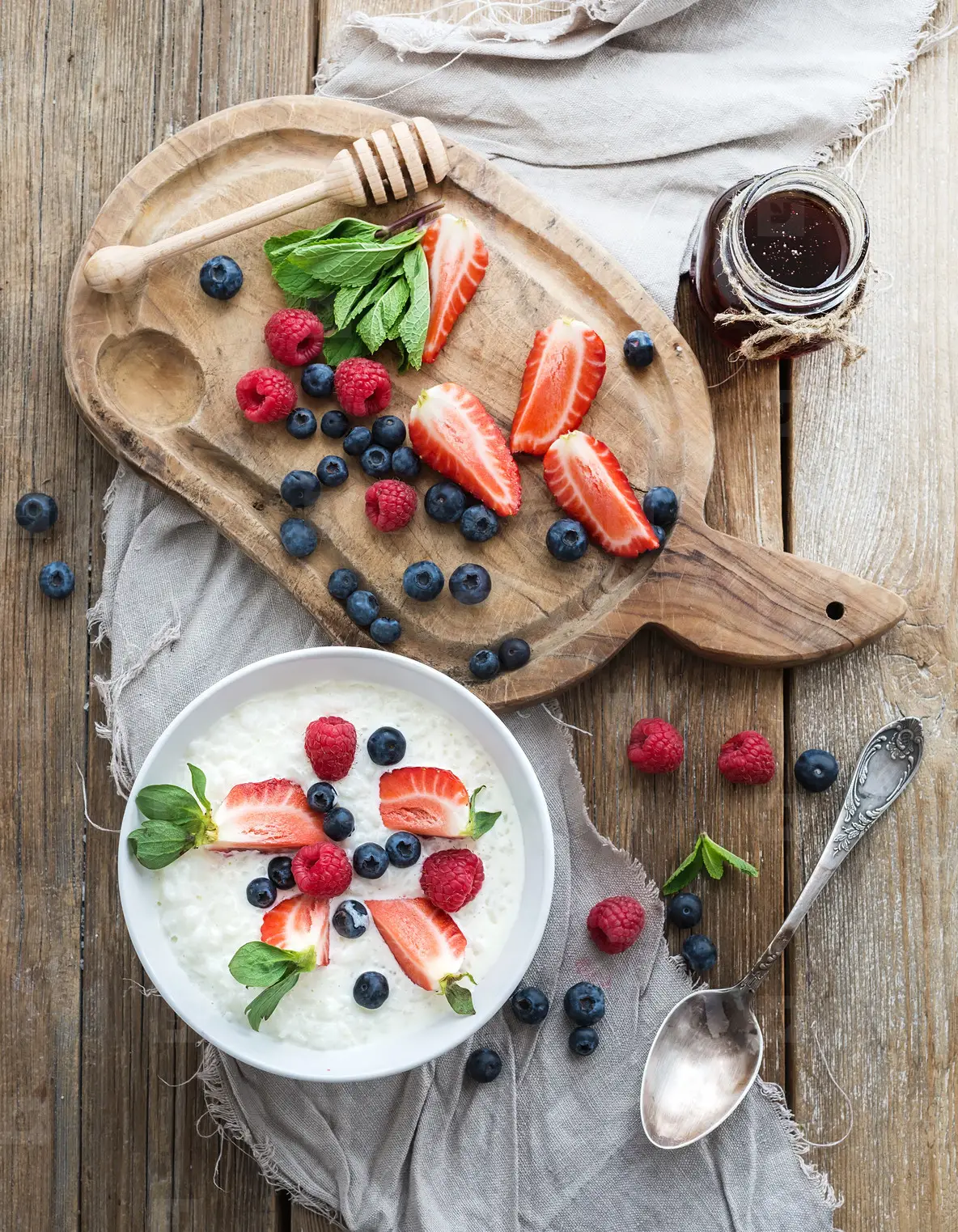 Healthy Breakfast Set. Rice Cereal Or Porridge With Berries And Honey ...