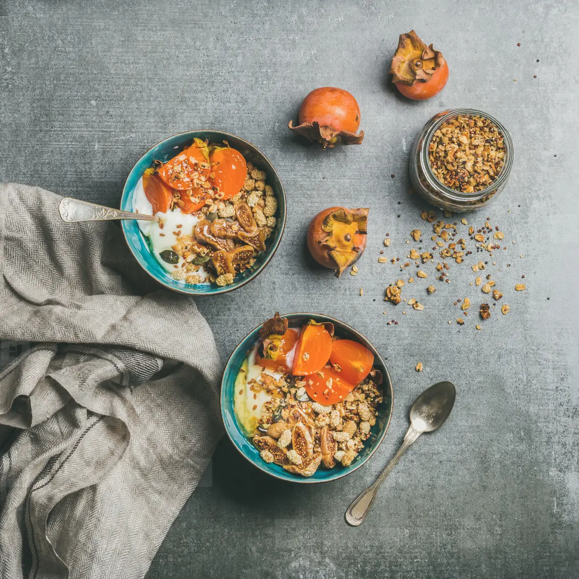 Healthy Vegetarian Breakfast Over Grey Concrete Background, Square Crop ...