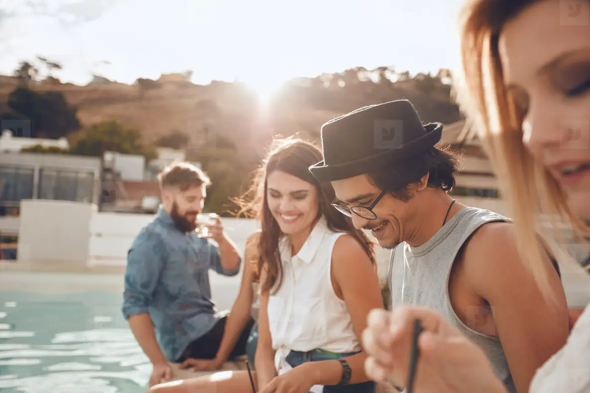 Handsome Man Partying With Friends At Poolside Photo (123684 ...