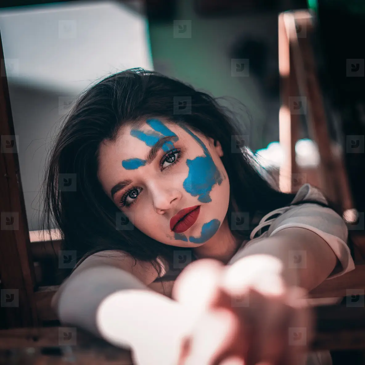 Artist Girl With A Handprint On Face. Concept Art With Paint Photo ...