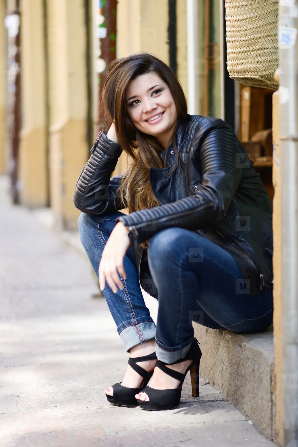 Beautiful Japanese Woman Smiling In Urban Background Wearing Lea Photo ...