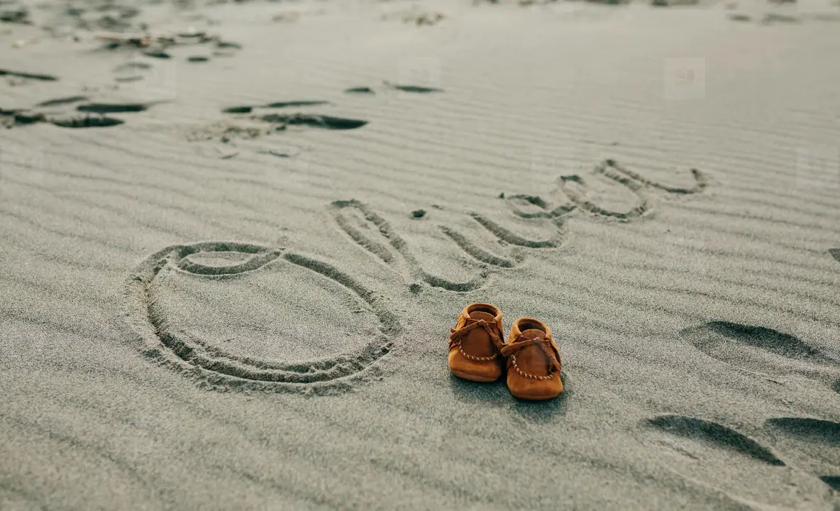 Baby Name Written In Sand With Shoes Photo (193788) - YouWorkForThem
