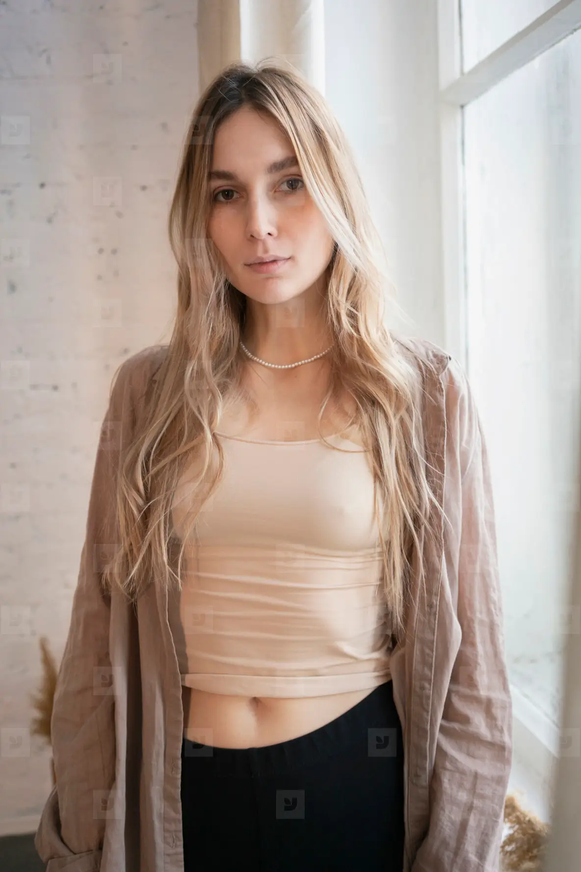 Portrait Serious Young Blonde Woman In Window Photo (212635 ...