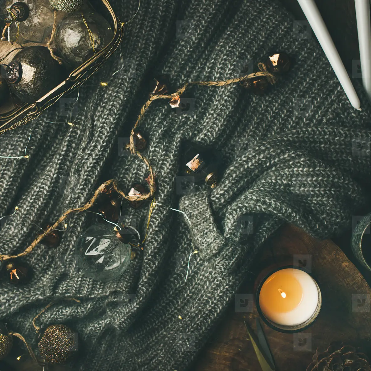 Woolen Sweater, Candles, Garland And Christmas Decoration Toys, Square ...