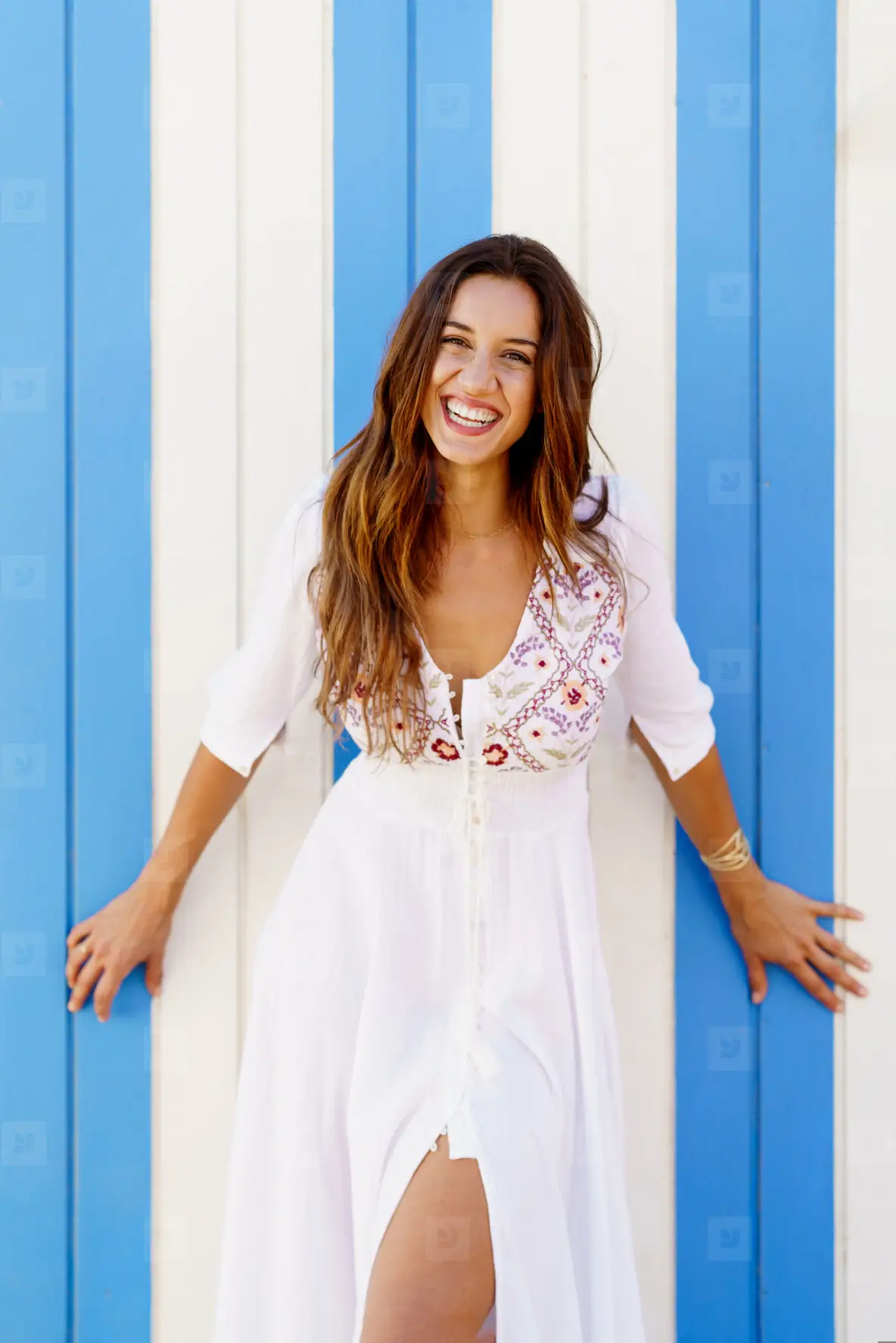 Young Woman, Fashion Model, Posing In Front Of A Beach Booth Photo ...