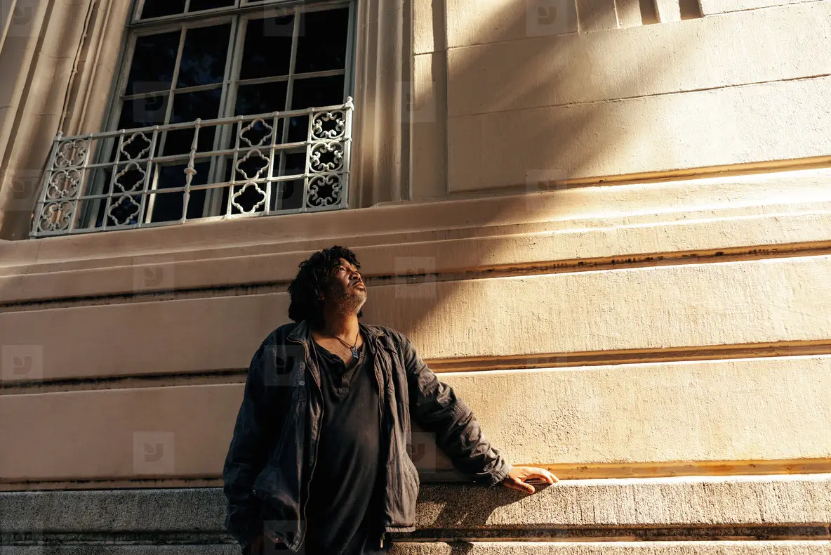 Homeless Man Looking Up Thoughtfully Outdoors Photo (239825 ...