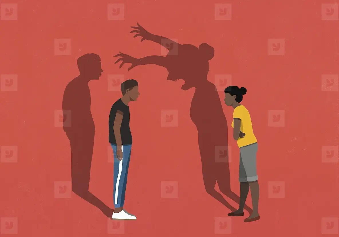 Angry Shadow Looming Over Couple Arguing On Red Background Photo ...