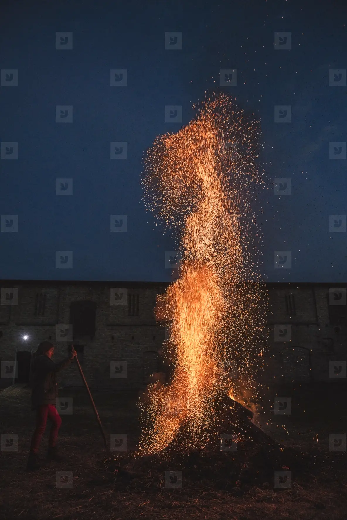 Girl Watching Sparks Rising From Bonfire Under Night Sky Photo (262335 ...