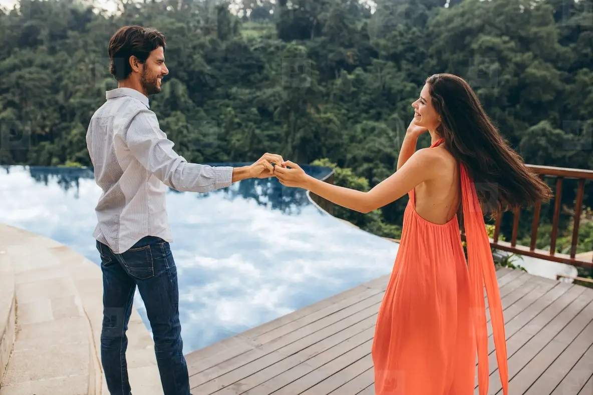 Caucasian Couple Dancing Near Swimming Pool Photo (263826) - YouWorkForThem