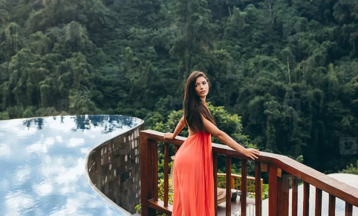 Beautiful Young Woman Standing By Swimming Pool Photo (263829 ...
