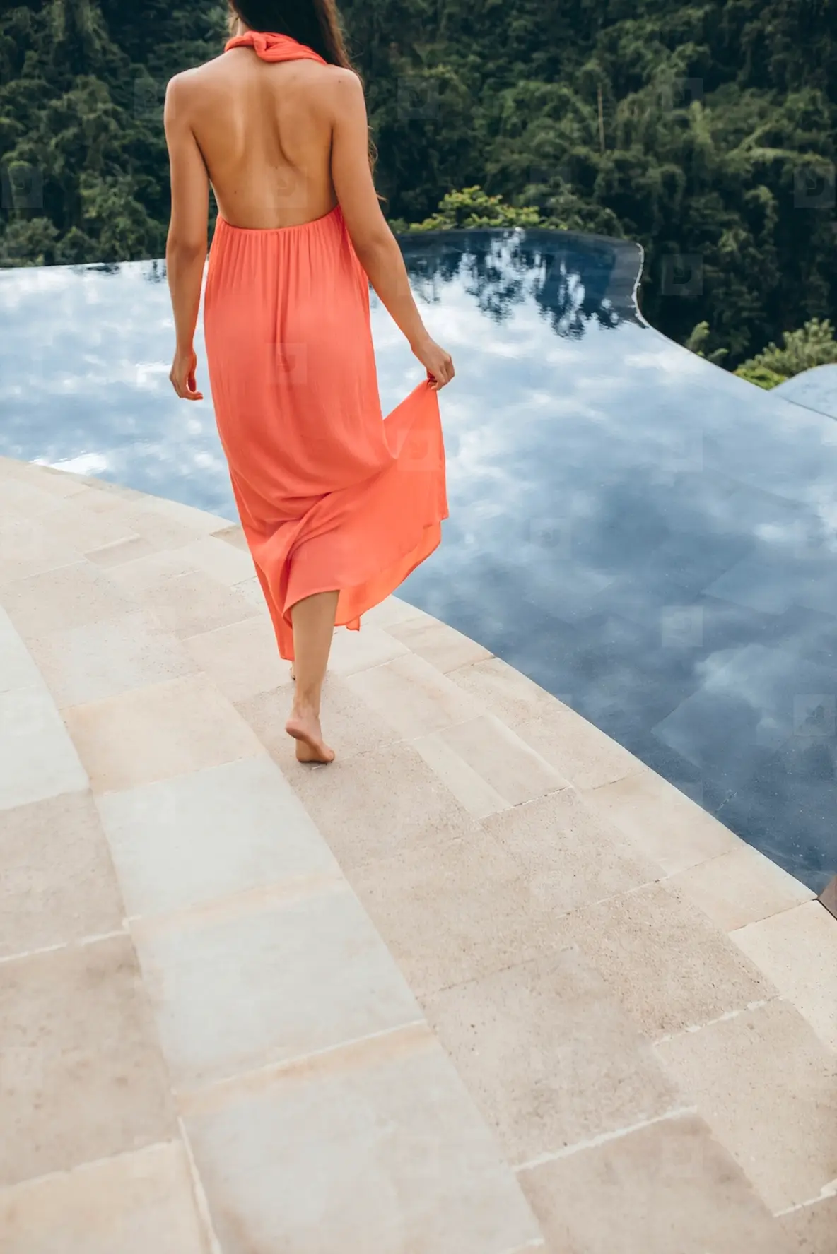 Woman In Orange Sundress Walking Along Swimming Pool Photo (264169 ...