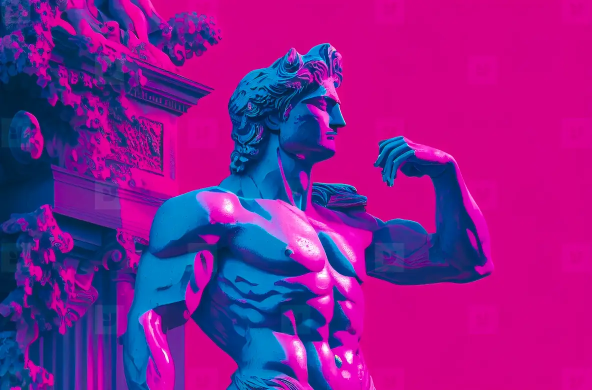 Greek God Sculpture In Retrowave City Pop Design, Vaporwave Styl Photo ...