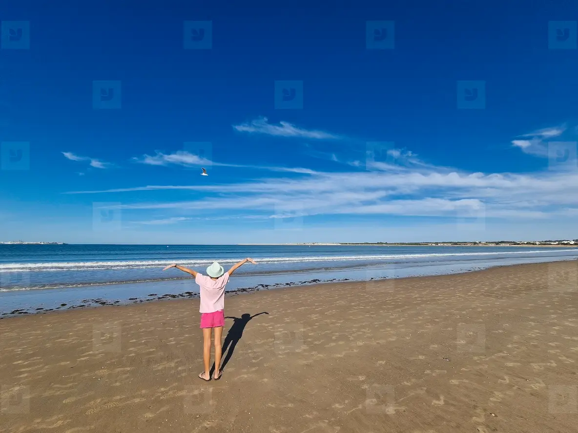 Girl Opening Her Arms In Front Of The Sea With A Seagull Flying In ...