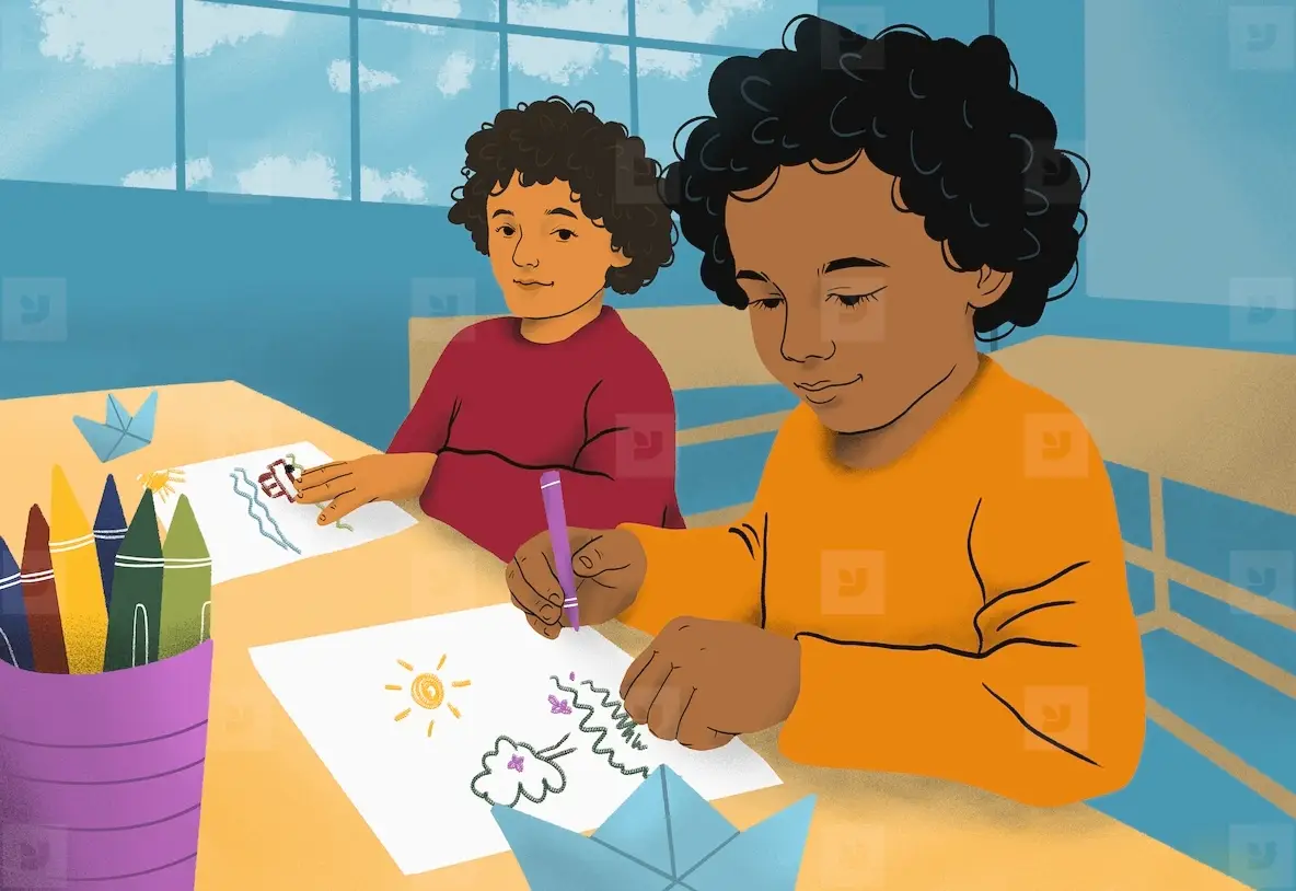 Portrait Elementary School Girls Drawing In Classroom Photo (282646 ...