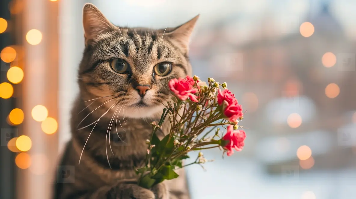 Cat Holding Bouquet Of Flowers Photo (283664) - YouWorkForThem