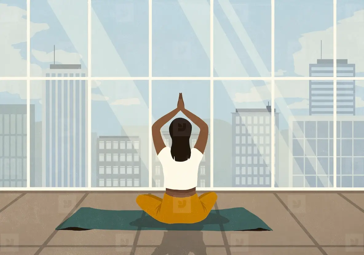 Woman Practicing Yoga Meditation At Window With Cityscape View Photo ...