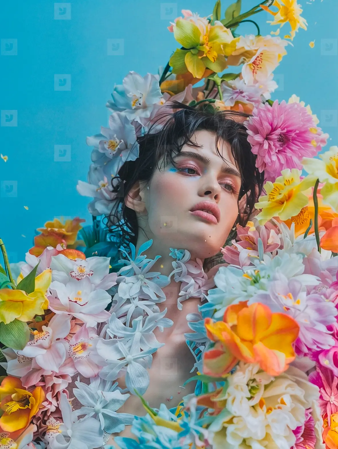 Young Woman Model Surrounded By Flowers Photo (289338) - YouWorkForThem
