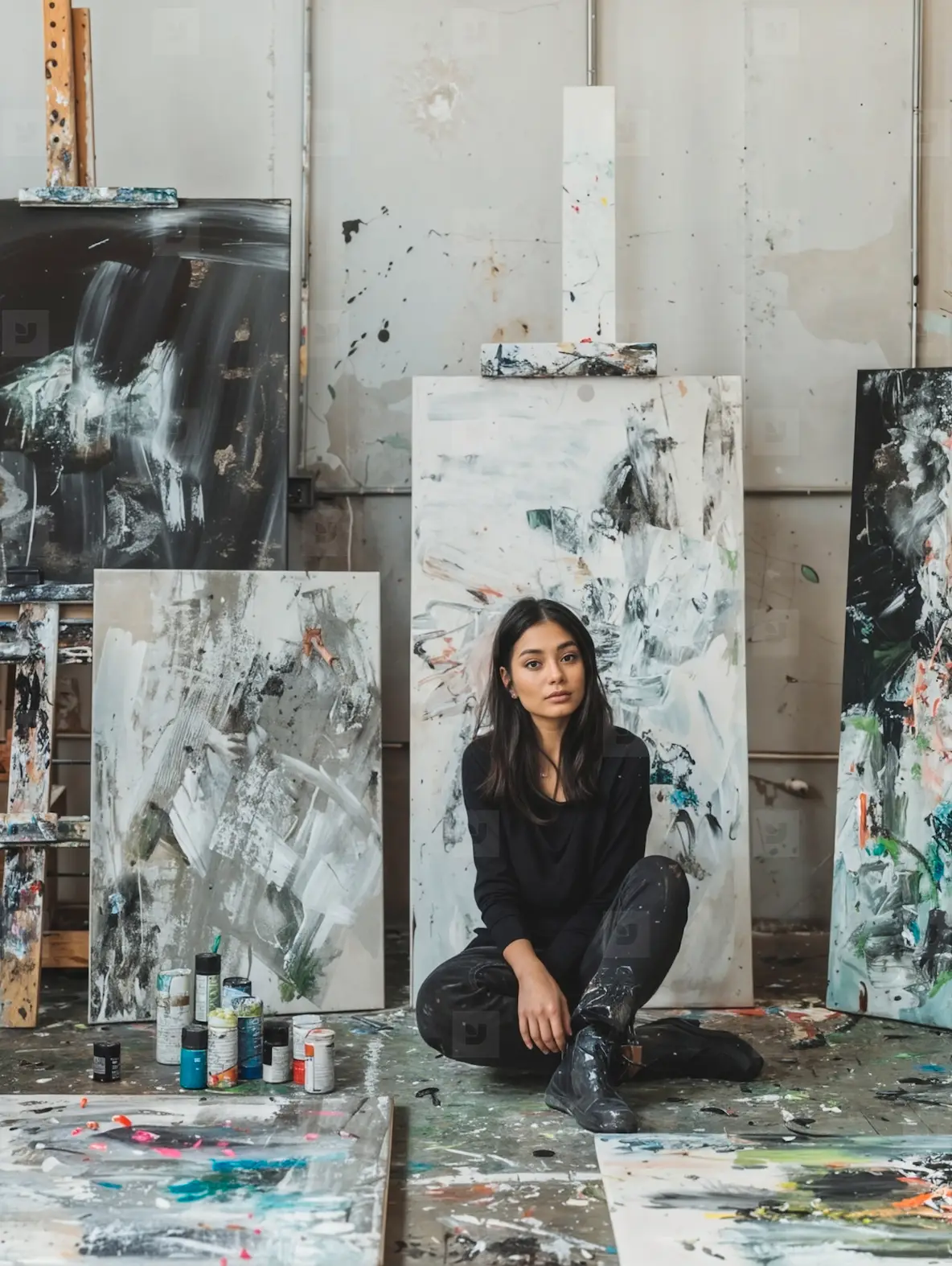 Female Painter Artist In Her Studio Surrounded By Paintings Photo ...
