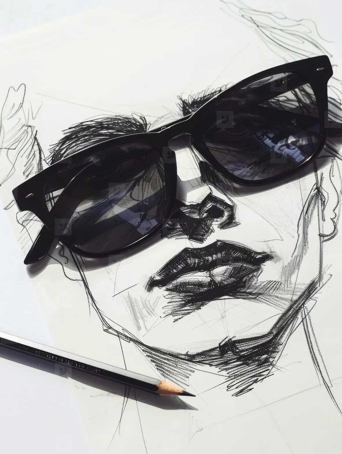 A Pencil Sketch Of A Female Face With Real Sunglasses Photo (298833 ...