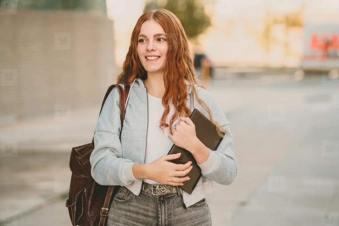 A Smiling Young Woman Joyfully Carrying Books While Casually Walking ...