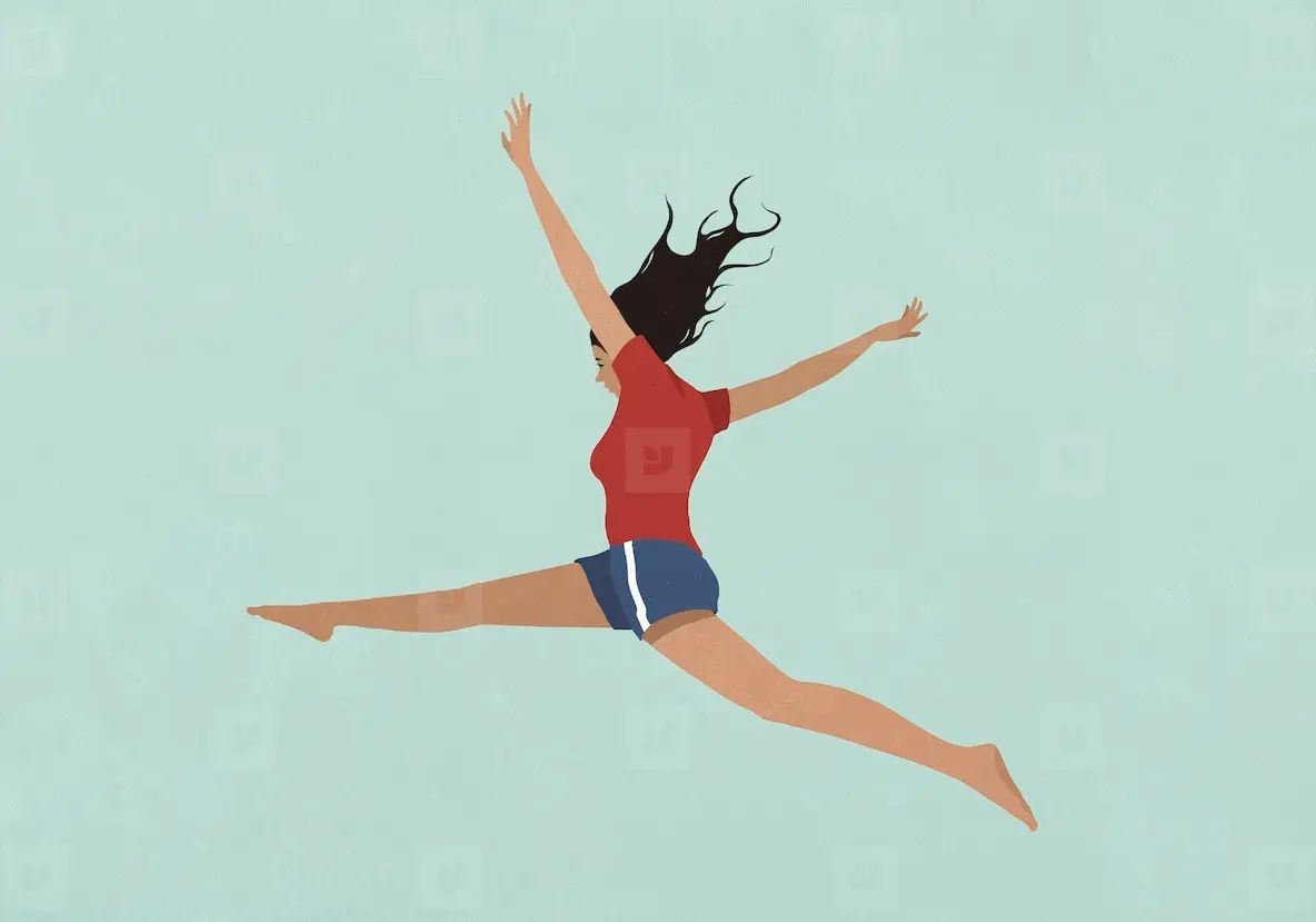 Carefree Young Woman With Arms And Legs Outstretched Jumping For Joy ...
