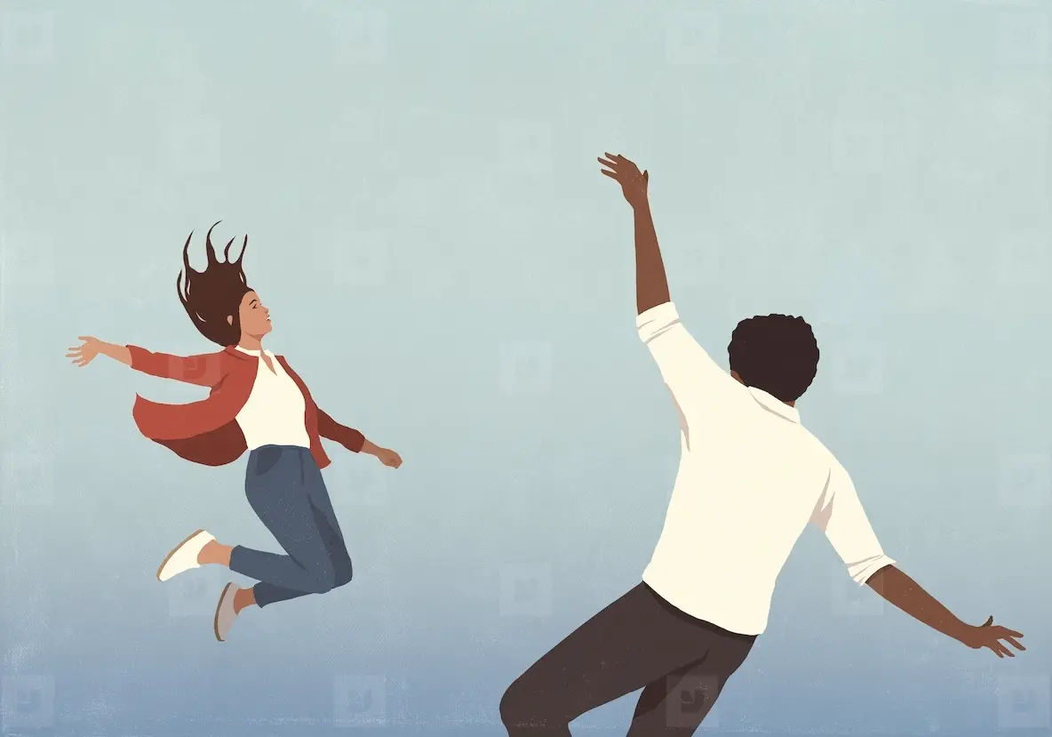 Couple Free Falling Against Blue Background Photo (310102) - YouWorkForThem