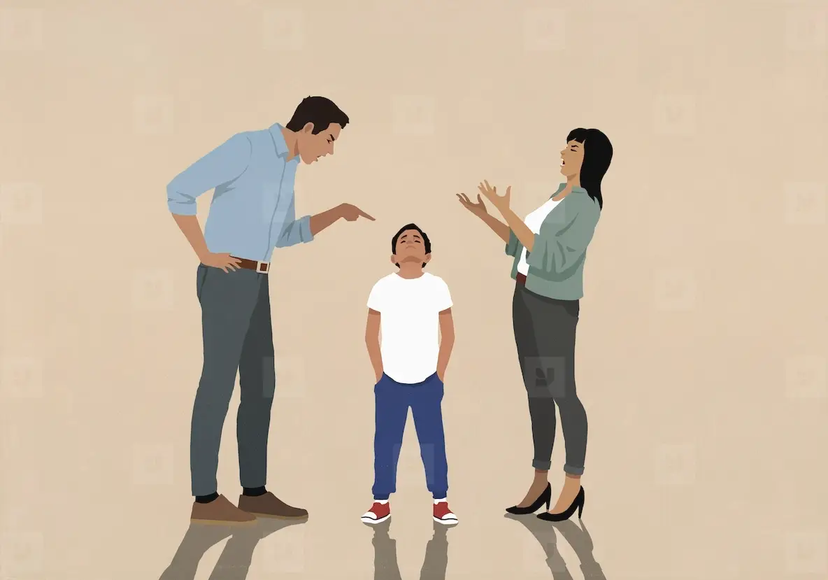 Angry Parents Yelling At Boy With Head Back And Hands In Pockets Photo ...