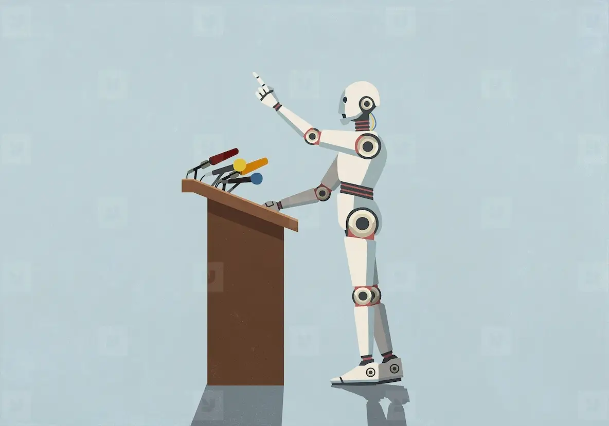 Humanoid Robot Giving Speech At Podium With Microphones Photo (312158 ...