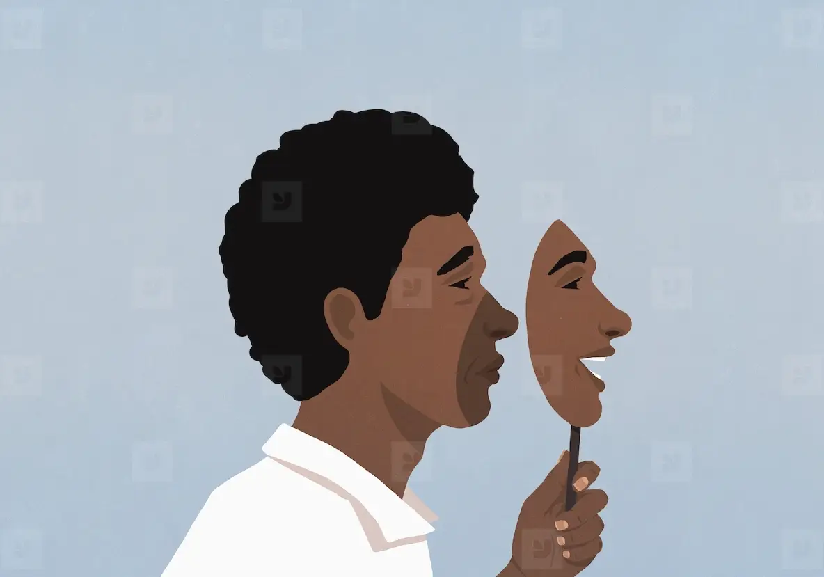 Profile Of Sad Man Holding Happy Mask Over Face Against Blue Background ...