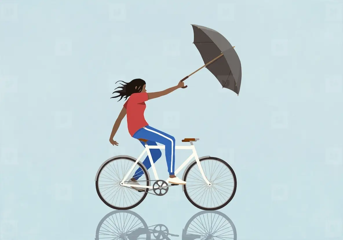 Wind Pulling Woman Riding Bicycle With Umbrella On Blue Background ...