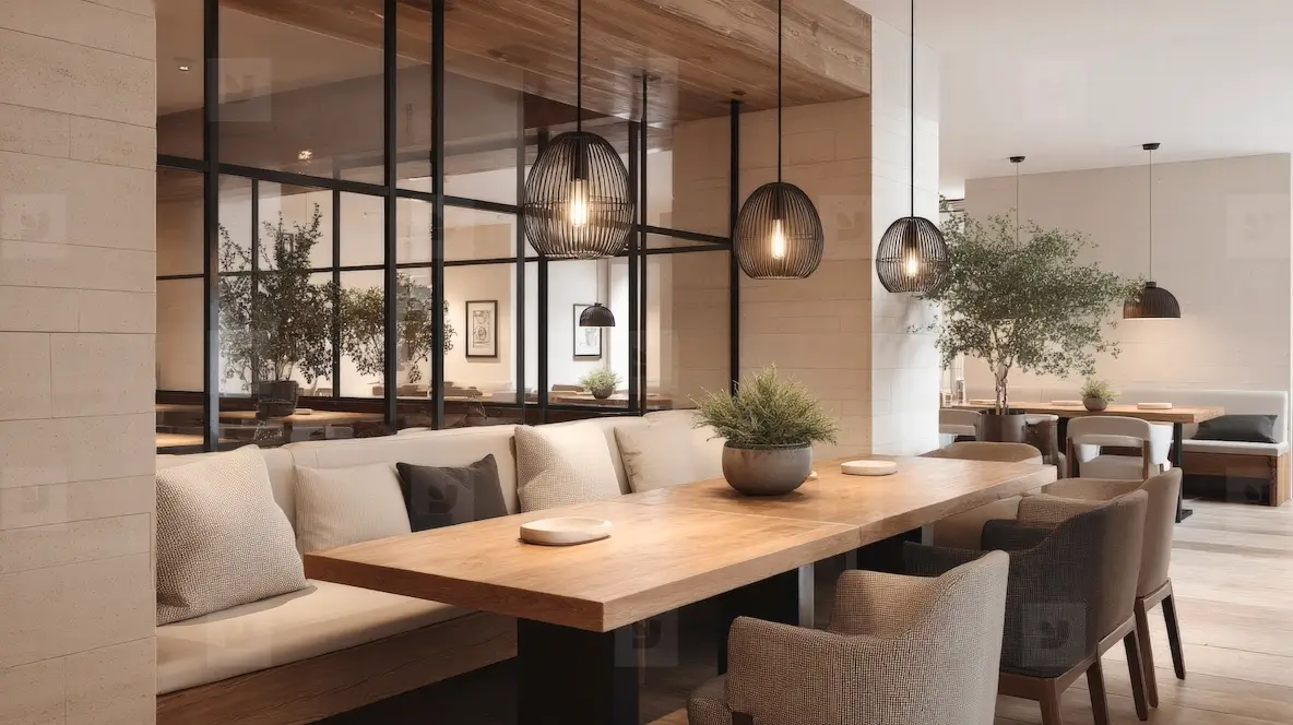 Modern Restaurant With Elegant Seating, Pendant Lighting, Wood Table ...